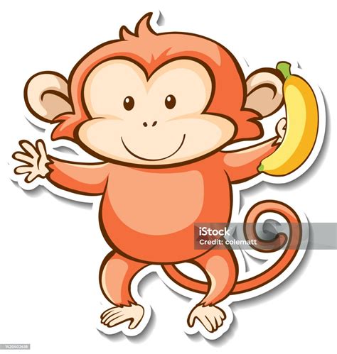 바나나를 고립시킨 귀여운 원숭이를 들고 스티커 디자인 0명에 대한 스톡 벡터 아트 및 기타 이미지 0명 건강한 식생활 고릴라 Istock