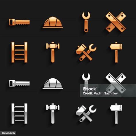 세트 해머 교차 통치자 렌치 스패너 나무 계단 렌치 손 톱 및 노동자 안전 헬멧 아이콘 벡터 갈고리 발톱에 대한 스톡 벡터 아트 및 기타 이미지 Istock