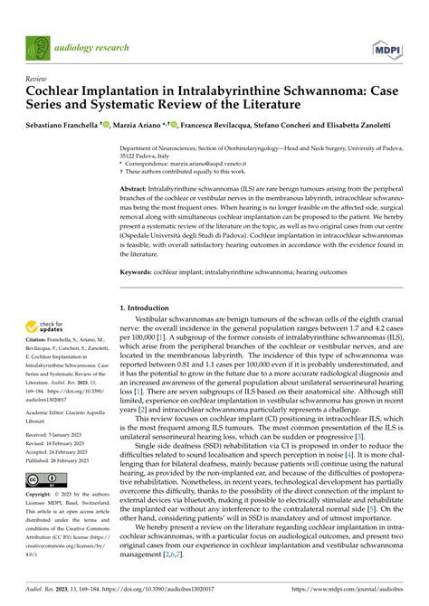 Pdf Cochlear Implantation In Intralabyrinthine Schwannoma Case Series And Systematic Review