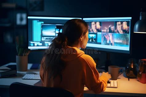 Female Video Editor Working On Film Project Stock Illustration Illustration Of Office Motion