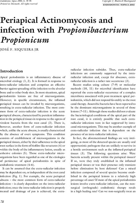 Periapical Actinomycosis And Infection With Propionibacterium Propionicum Siqueira 2003