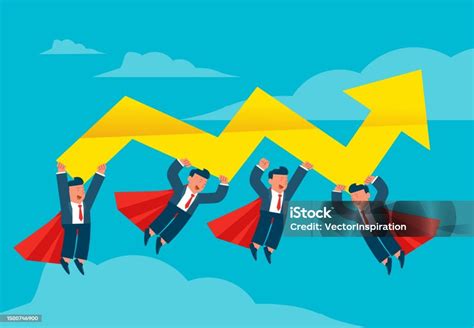 성공한 사람과 전문가 경력 또는 비즈니스 개발 팀 지원 및 도움 비즈니스 성취 또는 리더십 성공 동기 부여 높이 날아가는 화살표 차트를 이끄는 망토 사업가 착용 개념에 대한