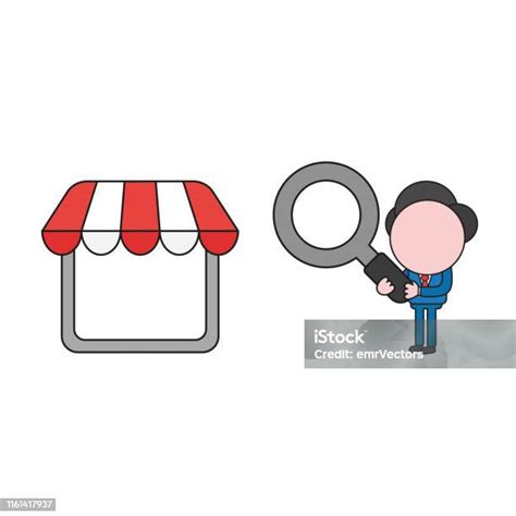 점포에 돋보기를 들고 있는 사업가 캐릭터의 벡터 일러스트 색상 및 검은색 윤곽선 1위에 대한 스톡 벡터 아트 및 기타 이미지 1위 가격 개념 Istock