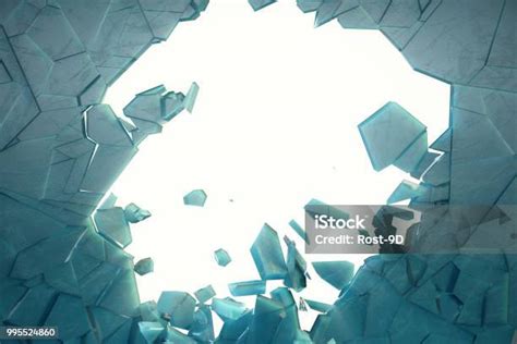 작은 조각으로 부서의 센터에 있는 구멍을 가진 얼음의 3d 그림 벽 당신의 배너 광고에 대 한 장소입니다 폭발은 벽에 균열을 발생합니다 얼음 깨지는 벽에 구멍을 폭발입니다
