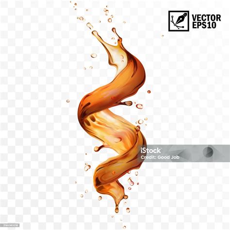 물방울이 있는 차 커피 콜라 또는 위스키의 현실적인 투명한 고립 된 벡터 스플래시 나선형 형태의 떨어지는 액체의 스플래시 소용돌이 소용돌이 모양에 대한 스톡 벡터 아트 및