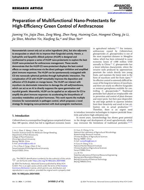 Pdf Preparation Of Multifunctional Nano‐protectants For High‐efficiency Green Control Of