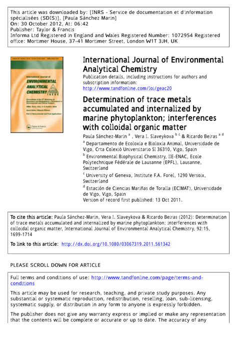 Pdf Determination Of Trace Metals Accumulated And Internalized By Marine Phytoplankton