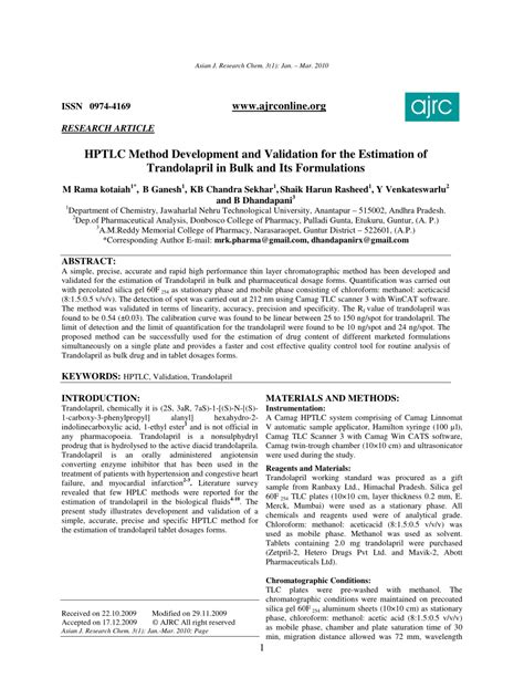 Pdf Hptlc Method Development And Validation For The Estimation Of Trandolapril In Bulk And Its