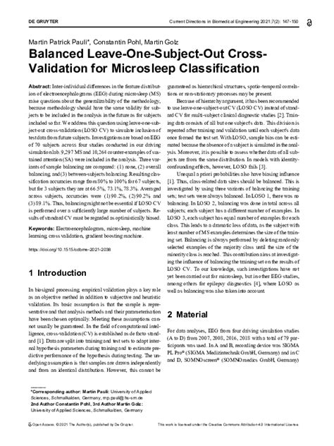 Pdf Balanced Leave One Subject Out Cross Validation For Microsleep