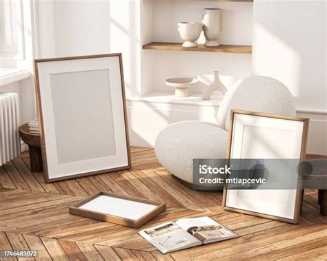 프레임 모형 수직 Iso 종이 크기 반사 유리 거실 벽에 모형 포스터 인테리어 모형 아파트 배경입니다 현대적인 인테리어 디자인 3d 렌더링 서재에 대한 스톡 사진 및 기타