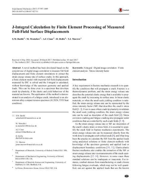 Pdf J Integral Calculation By Finite Element Processing Of Measured
