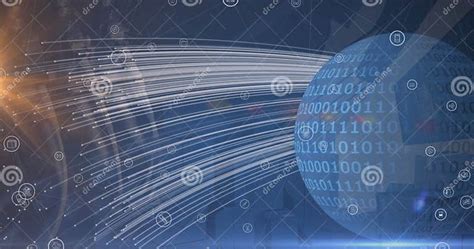 Image Of Icons Floating Over Globe And Binary Code Stock Illustration