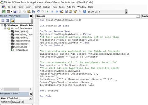 create a table of contents using macros myexcelonline