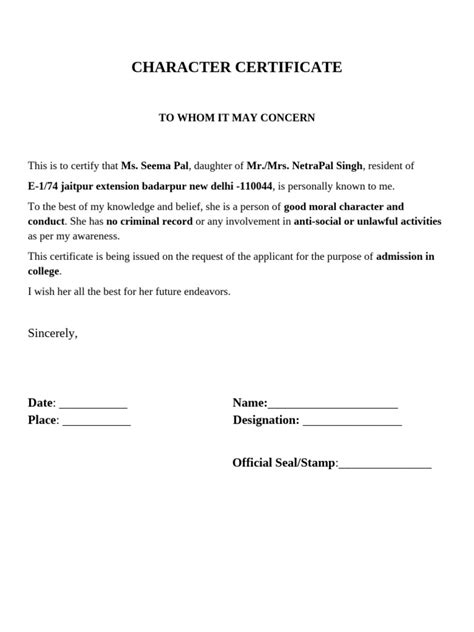 Character Certificate Format Pdf