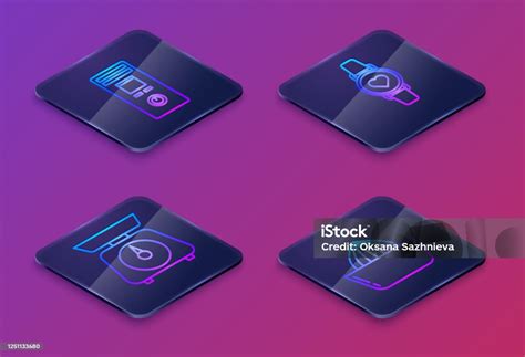 세트 등분성 라인 리모컨 저울 스마트 시계는 심장 박동 속도와 감귤류 과일 주스기 파란색 정사각형 버튼 벡터 3차원 형태에 대한 스톡 벡터 아트 및 기타 이미지 Istock