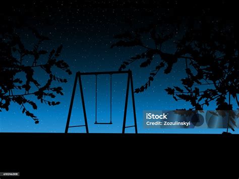 Pohon Dengan Ayunan Di Malam Hari Bintang Langit Vector Ilustrasi Stok Unduh Gambar Sekarang