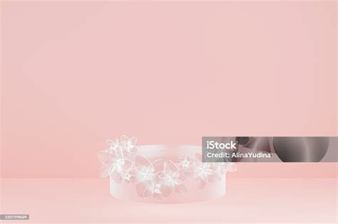 3d 사실적인 연단 배경 분홍색에 젖빛 투명 유리 원통형 연단 유리 봄 꽃 화환 모형 3d 렌더링 배치 제품 프리젠 테이션 받침대를위한 꽃 단계 건설 플랫폼에 대한 스톡