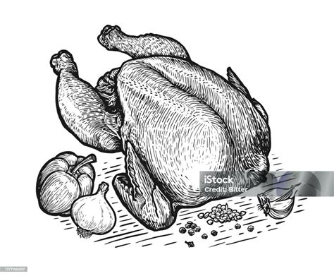 박제 닭고기 또는 칠면조와 재료 가금류 시체 육계 고기 벡터 정육점 농사용 빈티지 일러스트 스케치 닭고기에 대한 스톡 벡터 아트 및 기타 이미지 Istock