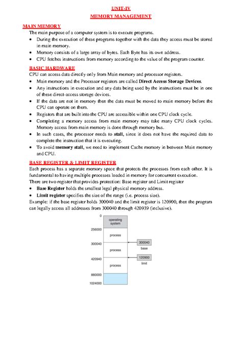 Unit 4 Operating System Memory Management Main Memory Unit Iv Memory Management The Main