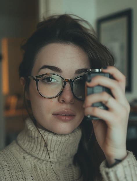Woman In Glasses Taking A Selfie With A Camera Premium Ai Generated Image