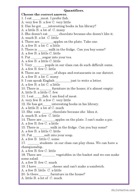 Quantifiers English ESL Worksheets Pdf Doc