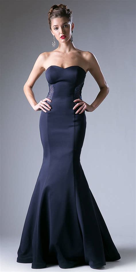 Cut Out Back Strapless Long Mermaid Prom Dress Navy Blue Discountdressshop