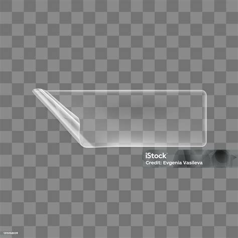말린 모서리모의 투명한 접착 사각형 스티커 빈 접착제 투명 종이 또는 플라스틱 스티커 라벨에 말려 주름이 생기는 효과 3d 사실적 벡터 아이콘 3차원 형태에 대한 스톡 벡터