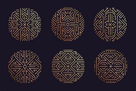 아르데코 배지 Adges 고급 제품에 대한 추상 기하학적 디자인 템플릿의 벡터 세트 선형 장식 구성 빈티지 포장 브랜딩 장식