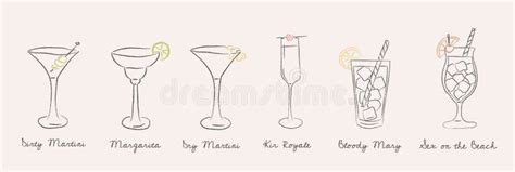 Set Of Six Classic Cocktails Drawn In Retro Doodle Style Martini