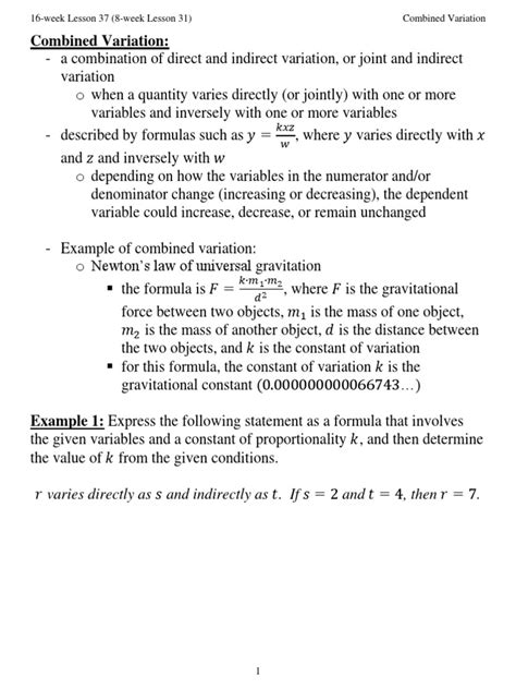 Combined Variation Pdf Variable Mathematics Mass