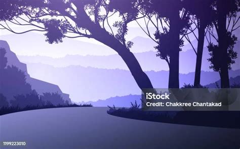 자연 숲 나무 산 수평선 언덕 실루엣의 나무와 언덕의 저녁 일출과 일몰 풍경 벽지 일러스트 벡터 스타일 다채로운보기 배경 0명에