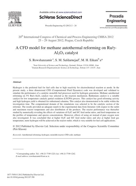 Pdf A Cfd Model For Methane Autothermal Reforming On Ru γ Al2o3 Catalyst