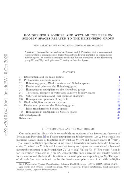 Pdf Homogeneous Fourier And Weyl Multipliers On Sobolev Spaces Related To The Heisenberg Group