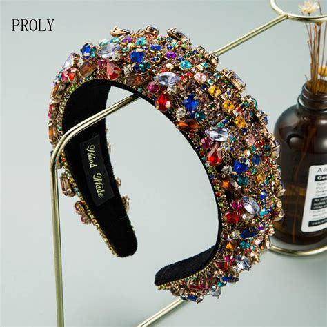 Proly 신제품 빛나는 바로크 헤어 밴드 와이드 사이드 헤드 웨어 탑 럭셔리 헤어 밴드 럭셔리 풀 크리스탈 머리 장식 헤어 액세서리여성 헤어 액세서리 Aliexpress