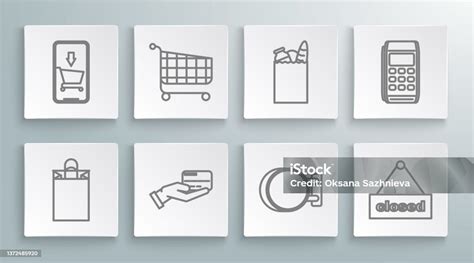 세트 회선 종이 쇼핑백 장바구니 신용 카드와 인간의 손 들고 간판 매달려 매달려 표지판 텍스트 폐쇄 음식 Pos 단말기 및 휴대 전화 아이콘 벡터 가방에 대한 스톡 벡터