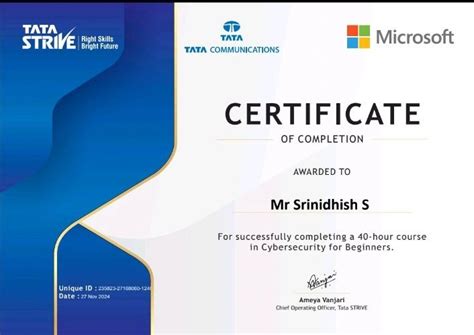 Srinidhish S On Linkedin Just Completed The Cybersecurity For Beginners Course Offered By Tata