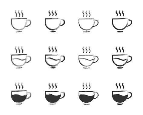 그런 지 질감 커피 컵 아이콘 세트 벡터 일러스트 레이 션 프리미엄 벡터