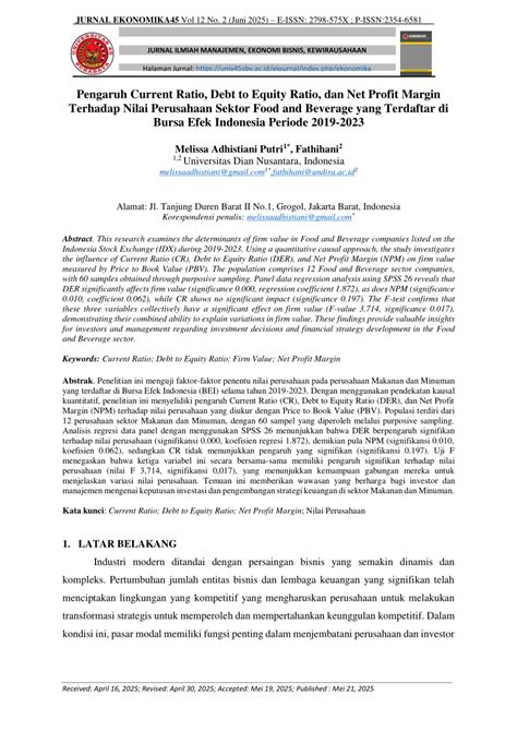 Pdf Pengaruh Current Ratio Debt To Equity Ratio Dan Net Profit