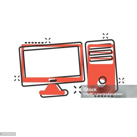 만화 스타일의 Pc 컴퓨터 아이콘 흰색 격리 된 배경에 데스크톱 만화 벡터 그림 장치 모니터 스플래시 효과 비즈니스 개념 0명에 대한 스톡 벡터 아트 및 기타 이미지