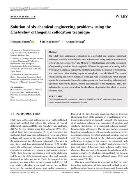 Pdf Solution Of Six Chemical Engineering Problems Using The Chebyshev Orthogonal Collocation