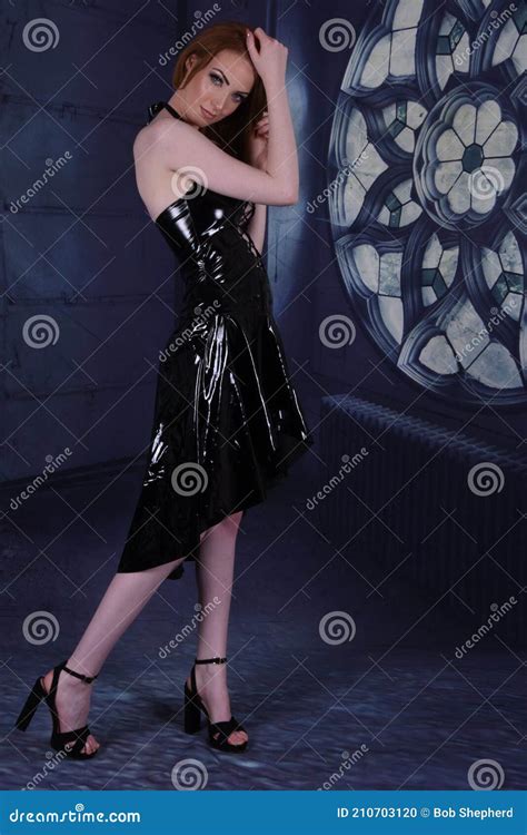 Beautiful Tall Slim Busty Redhead Model Dressed As In Black Gothic