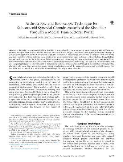 Subcoracoid Synovial Chondromatosis Of The Shoulder Through A Medial
