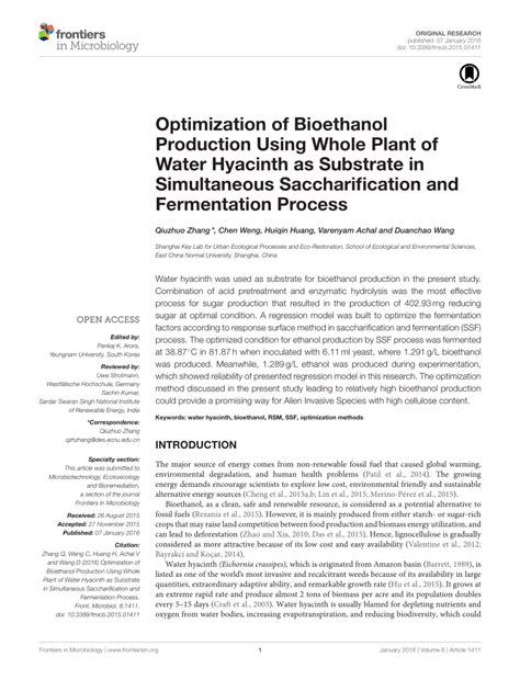 Pdf Optimization Of Bioethanol Production Using Whole Plant Of Water Hyacinth As Substrate In