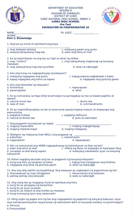 Grade 7 Unang Markahang Pagsusulit Esp Artofit