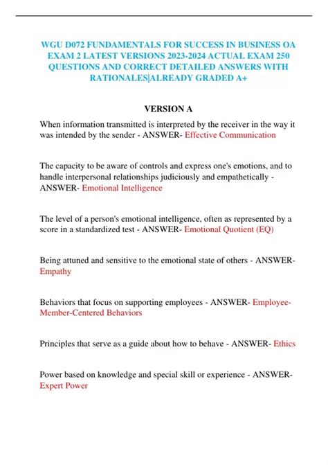 WGU D072 FUNDAMENTALS FOR SUCCESS IN BUSINESS OA EXAM 2 LATEST VERSIONS ACTUAL EXAM 250