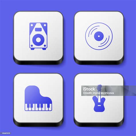 스테레오 스피커 비닐 디스크 그랜드 피아노와 일렉트릭베이스 기타 아이콘을 설정합니다 흰색 정사각형 버튼 벡터 Dj에 대한 스톡 벡터 아트 및 기타 이미지 Istock