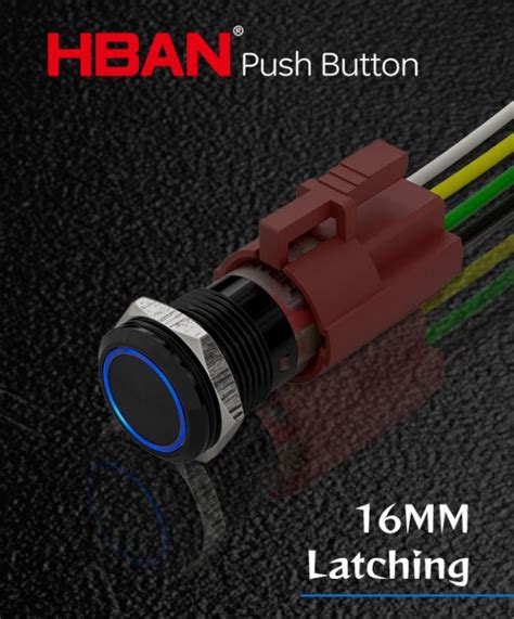 Illuminated Latching Push Button Switch 16mm Lock Type Ip67 Black Shell Ring Led Blue 24v Hban