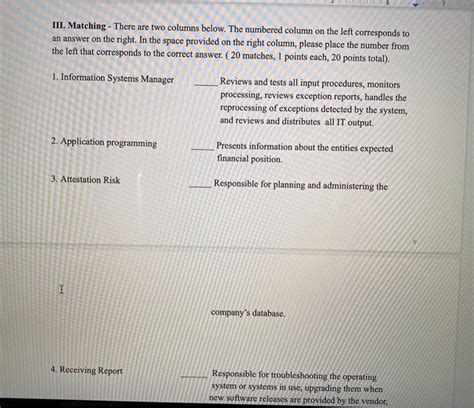 Solved Iii Matching There Are Two Columns Below The