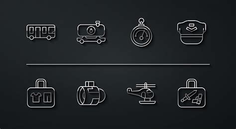 공항 버스 여행 가방 파일럿 모자 헬리콥터 제트 엔진 터빈 연료 유조선 트럭 및 기압계 아이콘을 설정합니다 벡터 가방에 대한 스톡 벡터 아트 및 기타 이미지 Istock