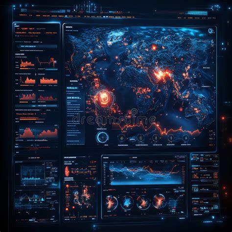 Control Center Monitoring Global Activities With Futuristic Interface Displaying World Map Stock